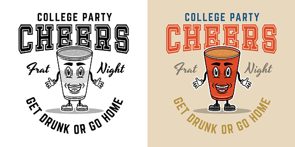 Fraternity Collage Party Vector Emblem Badge Label Or Logo With Plastic Cup Of Beer Cartoon