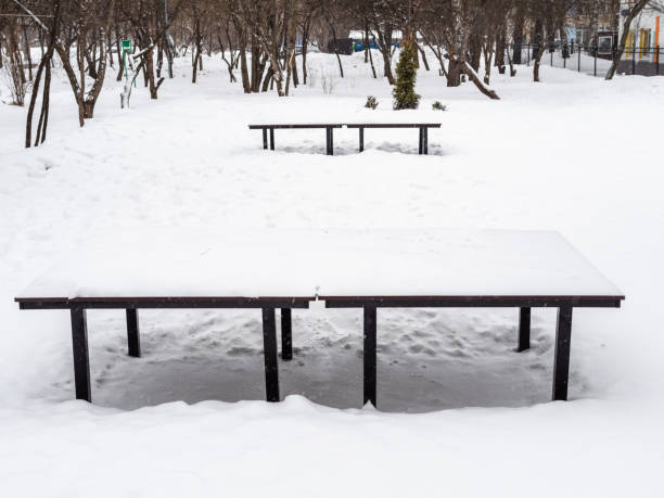 Free picture: A snow-covered ping pong tennis table with a white metal ...