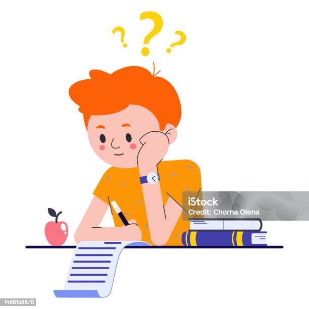Garçon À Lexamen Scolaire Étudiez Les Enfants Et Pensez Aux Tests Ou Aux Devoirs En Classe