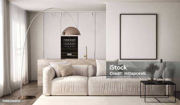 Bingkai Poster Mockup Di Dinding Ruang Tamu Latar Belakang Apartemen