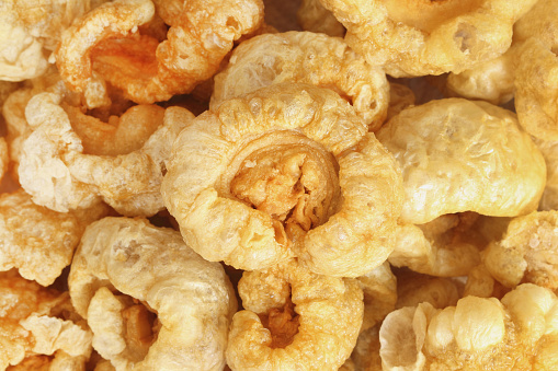 Closeup Of Pork Snack Or Pork Rinds Deep Fried Pork Skin And Blistered Is Traditional Food In