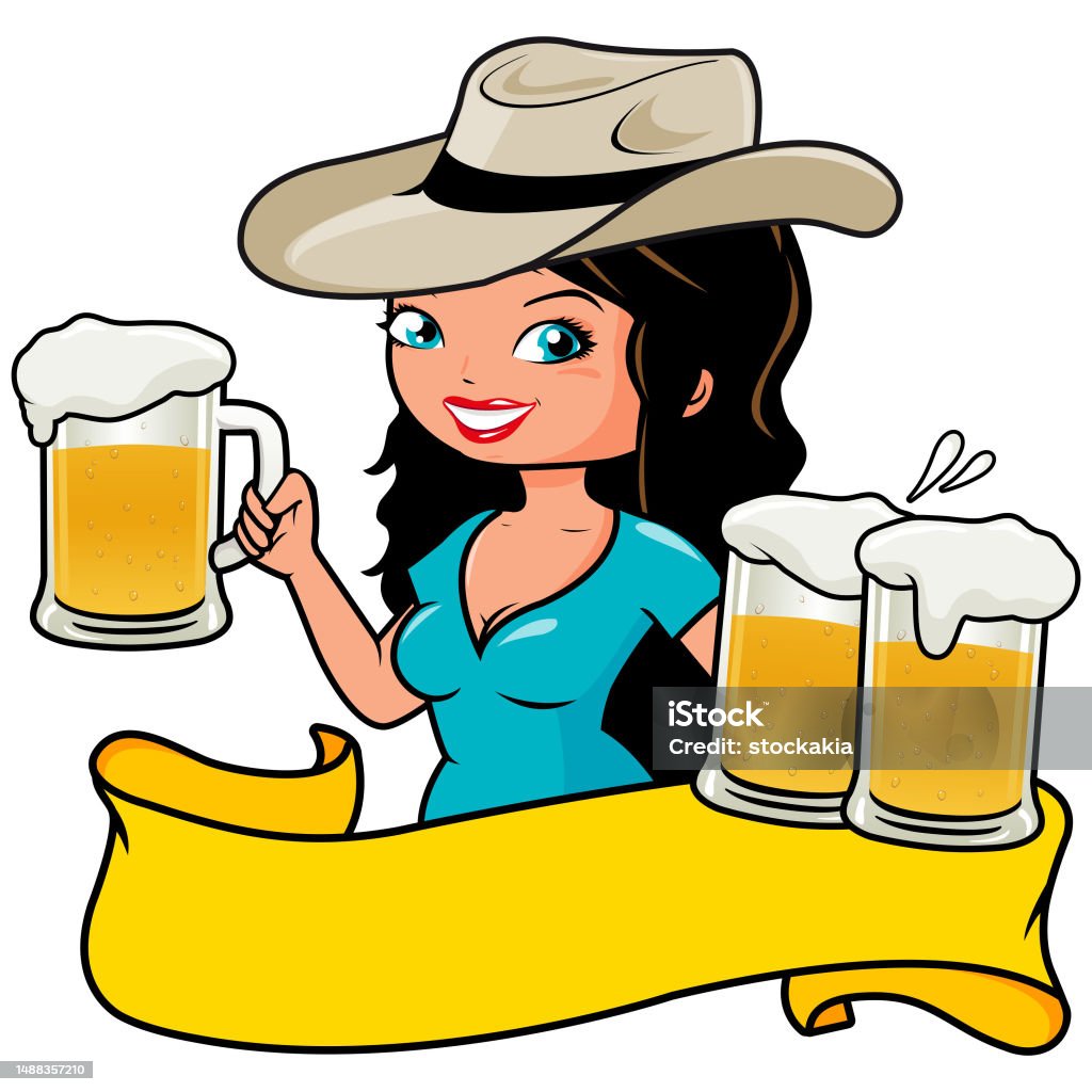 Vetores De Banner Com Uma Garçonete Cowgirl Servindo Cerveja Gelada