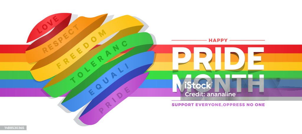 Happy Pride Month Text And Colorful Rainbow Ribbon Rolling Heart Shape