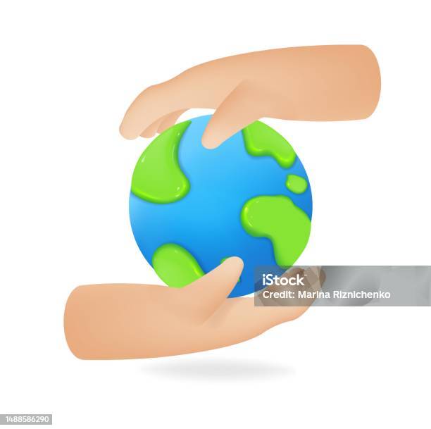 3d Cartoon Human Hands Holding Globe Isolated On Blue Background