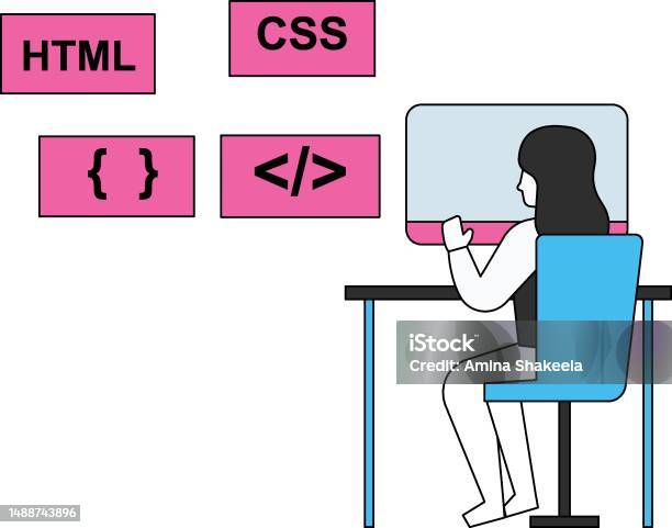The Girl Is Working On Codings Html Css Stock Illustration Download Image Now Abstract