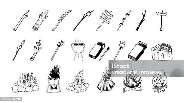 Set Clipart Api Unggun Dan Panggangan Vektor Yang Digambar Tangan