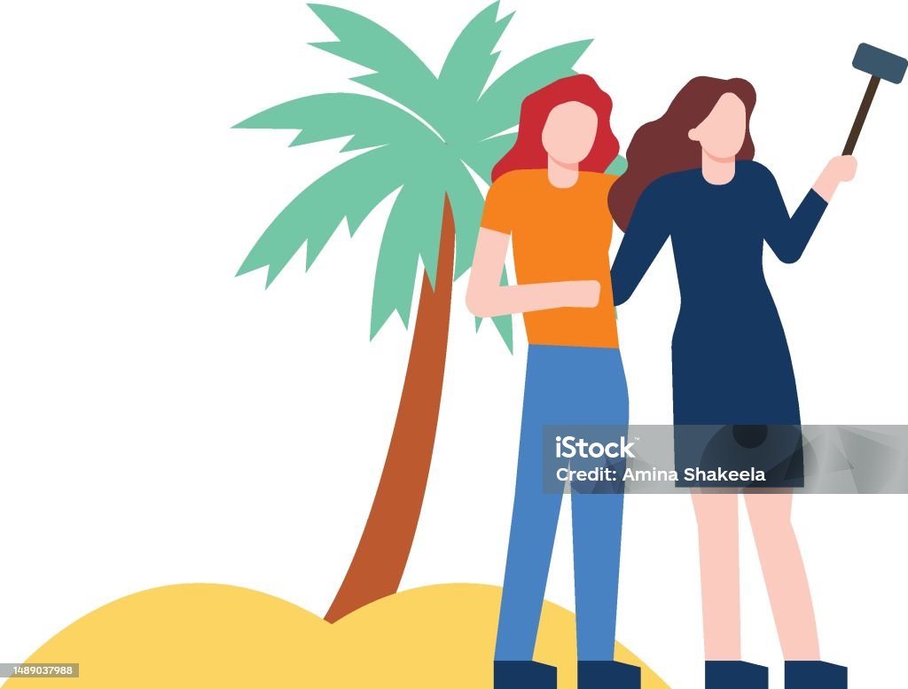 Girls Taking Selfies With Selfie Sticks Stock Illustration Download Image Now Beach Beauty