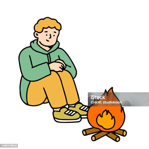 Pria Melihat Api Unggun Konsep Berkemah Gaya Sederhana Ilustrasi Vektor