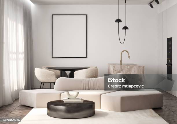 Bingkai Poster Mockup Di Dinding Ruang Tamu Latar Belakang Apartemen