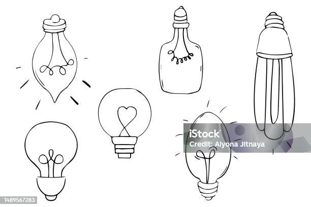 Set Lampu Bohlam Doodle Kartun Komik Listrik Terisolasi Pada Latar ... Set Lampu Bohlam Doodle Kartun Komik Listrik Terisolasi Pada Latar ...