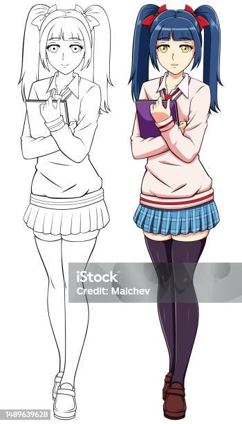 Anime Manga Schoolgirl Holding Book On White Ilustrasi Stok Unduh