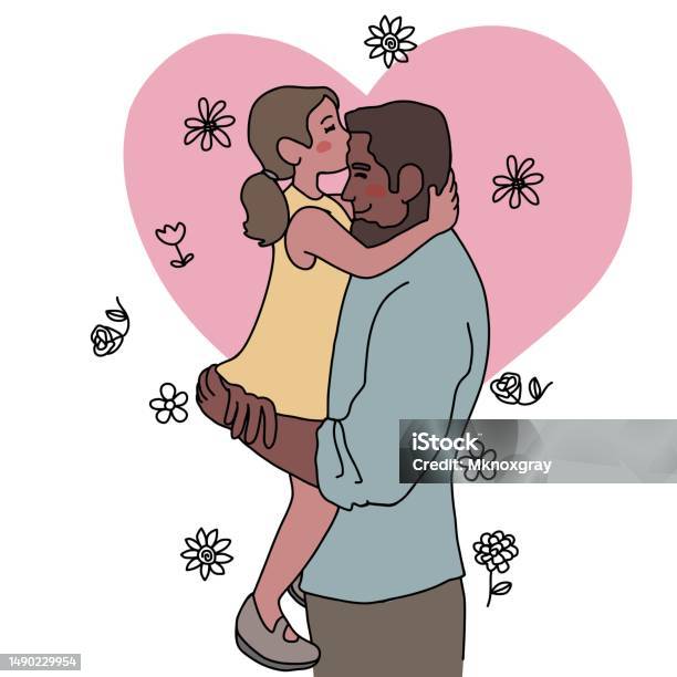 Père Embrassant Avec Fille Dessin Au Trait Dessin Animé Vectoriel