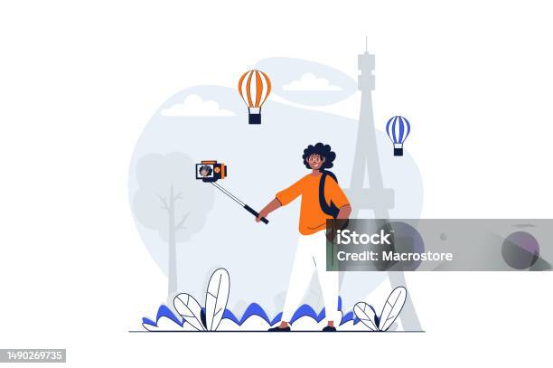 Konsep Web Perjalanan Dengan Adegan Karakter Traveler Pria Dengan