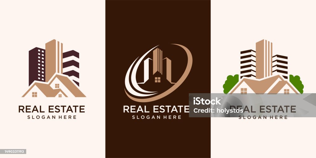 Set Desain Vektor Logo Real Estat Bangunan Dan Konstruksi Ilustrasi