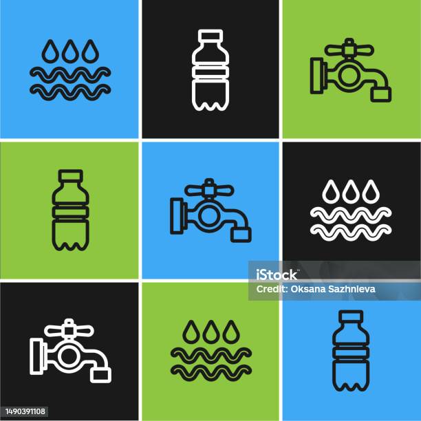 Set Garis Wave Dengan Tetesan Air Keran Air Dan Botol Ikon Vektor