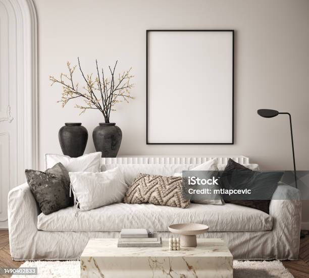 Bingkai Poster Mockup Di Dinding Ruang Tamu Latar Belakang Apartemen