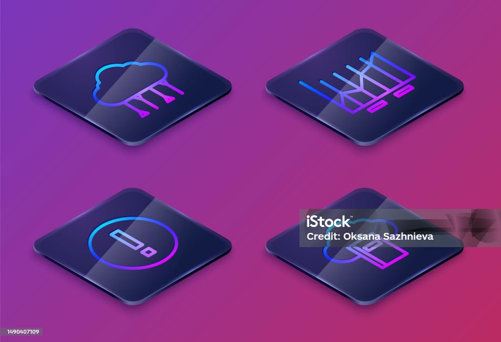 Set Isometric Line Network Cloud Connection Information Pie Chart Infographic And Cloud Online