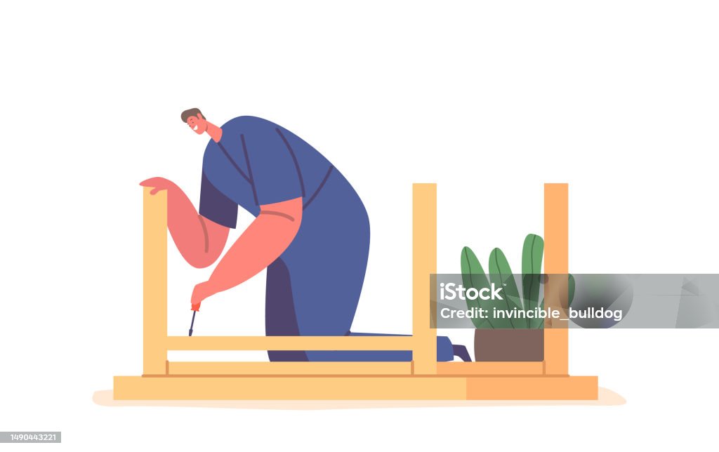 Worker Male Character Assembling Wooden Table Using Screwdriver Tool