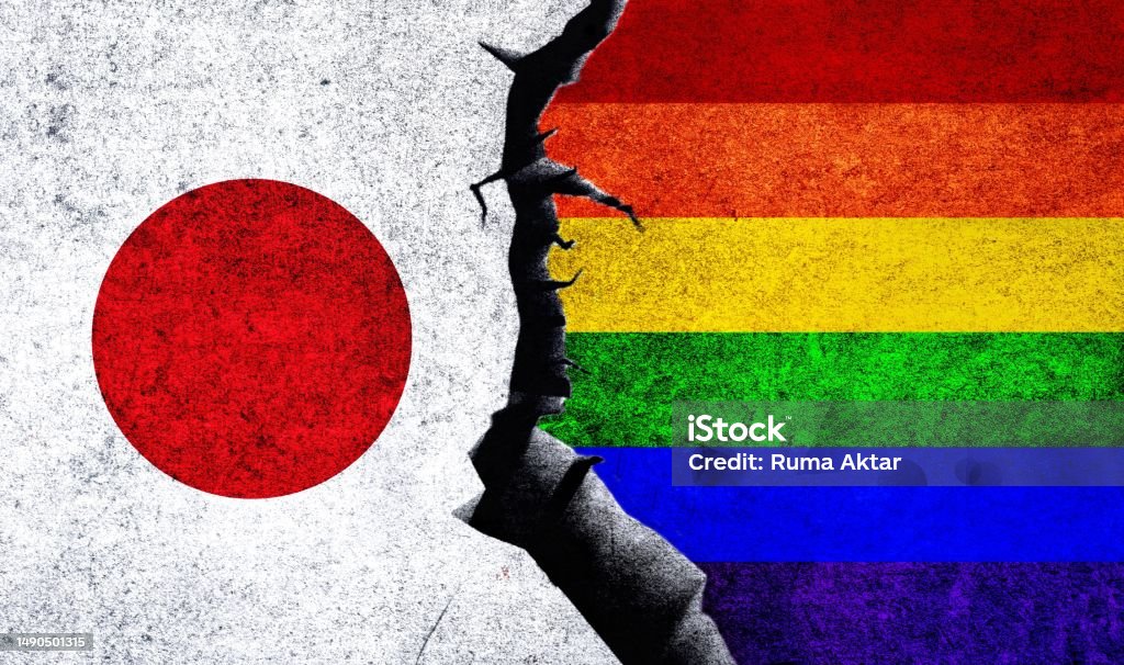 Japan And Lgbtq Flags On A Wall With Crack Stock Illustration