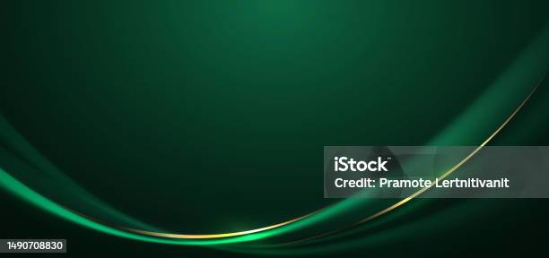 Abstract 3d Gold Curved Green Ribbon On Dark Green Background With