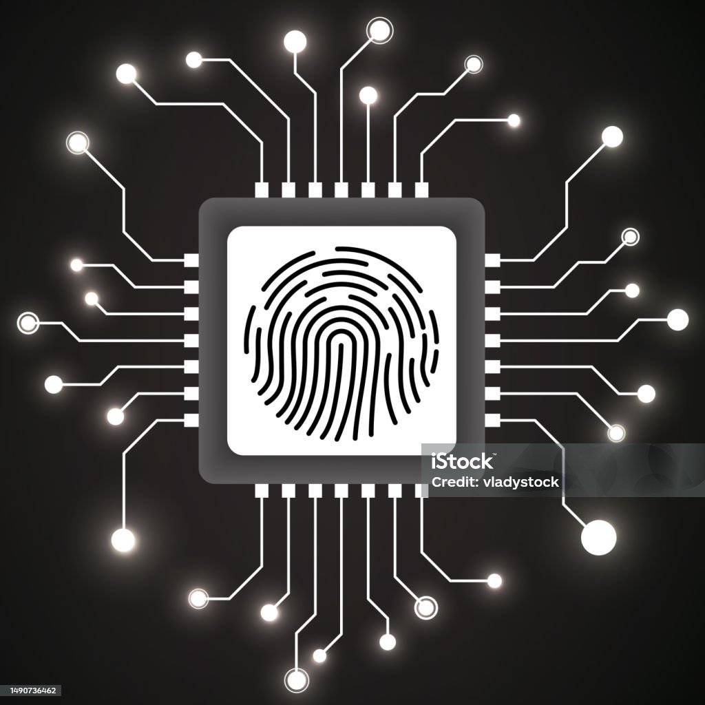 Cpu Microprocessor With Fingerprint Inside Microchip Circuit Board