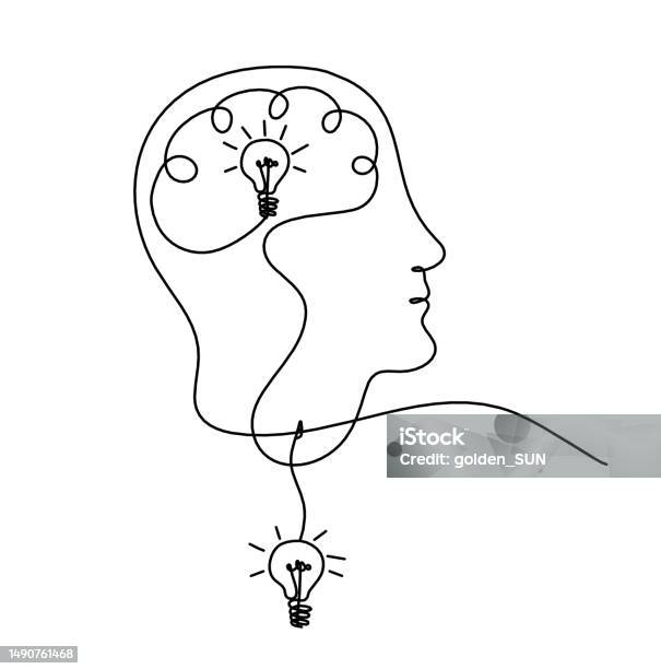 Silhouette Dhomme Cerveau Et Ampoule Comme Dessin Au Trait Sur Blanc