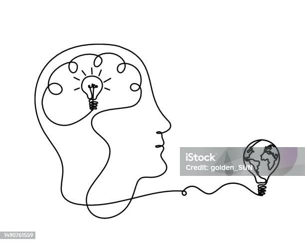 Silhouette Dhomme Cerveau Et Ampoule Comme Dessin Au Trait Sur Blanc