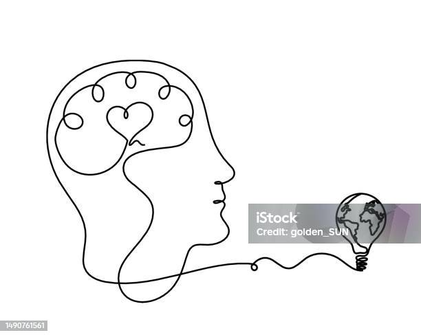 Silhouette Dhomme Cerveau Et Ampoule Comme Dessin Au Trait Sur Blanc