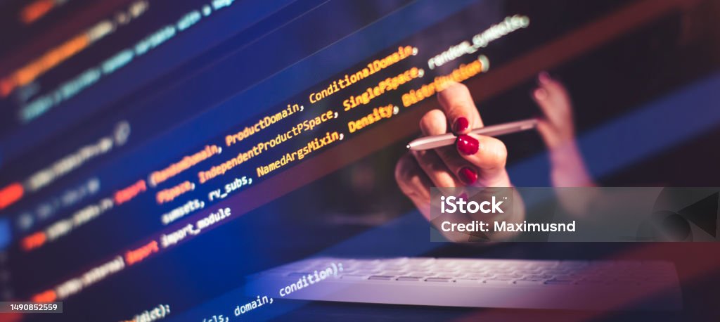Programmer At Home Writes Programming Code Script On Virtual Screen