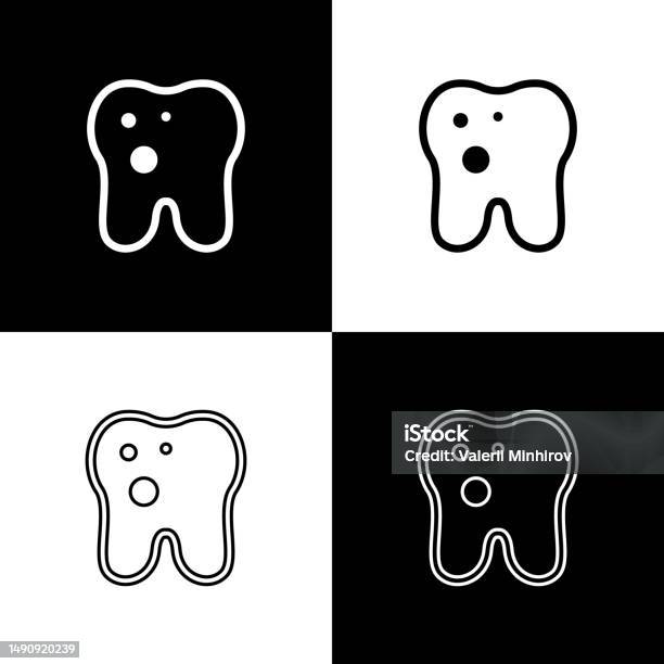 Placez La Dent Avec Licône De Caries Isolée Sur Le Fond Noir Et Blanc