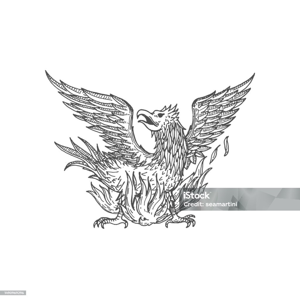 Burung Phoenix Dalam Ikon Sketsa Api Burung Api Suku Ilustrasi Stok