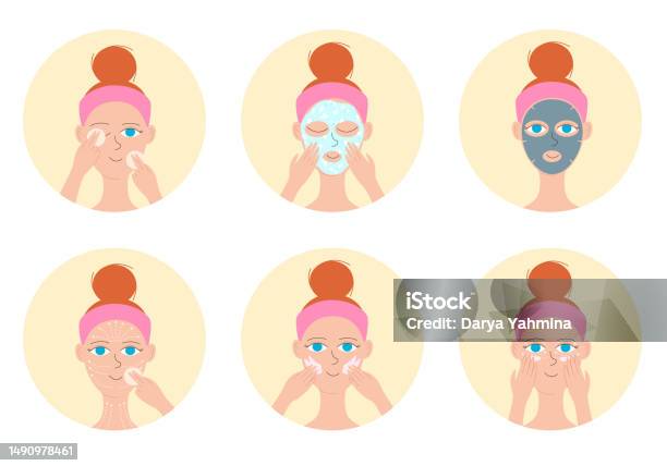 Girl Takes Care Of Her Face Step By Step Stock Illustration Download