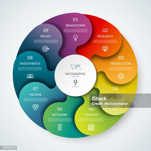 Vector Infographic Circle Cycle Diagram With 9 Steps Round Chart That
