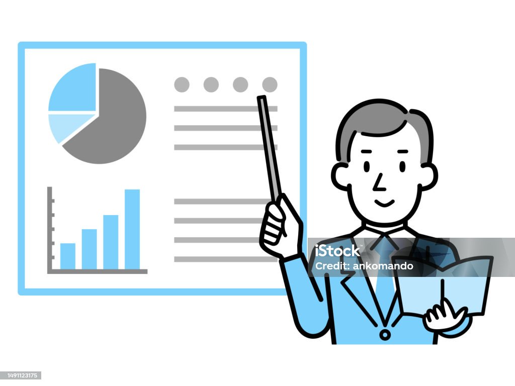 Vector Illustration Of A Businessman Explaining Using Graph Analysis