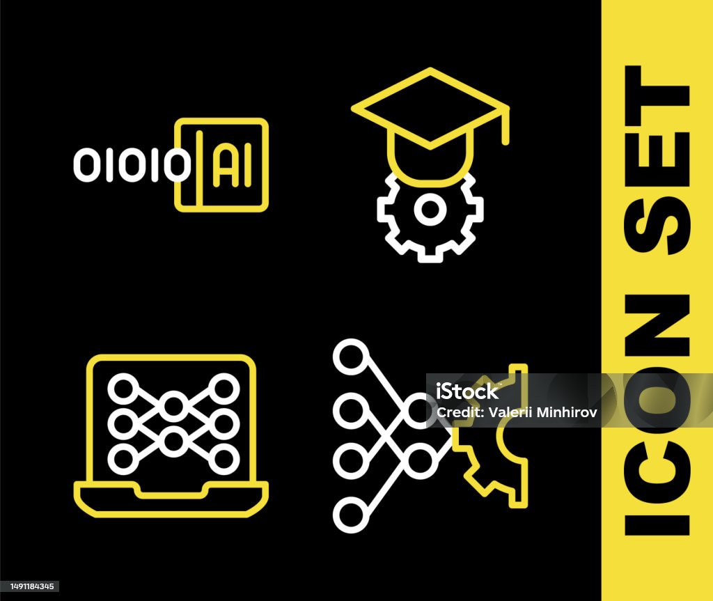 Set Line Graduation Cap Neural Network And Binary Code Icon Vector Stock Illustration Download