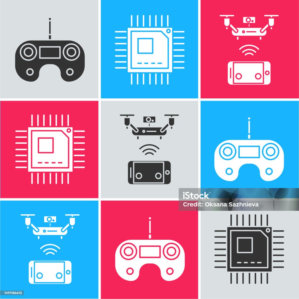 Set Remote Control Processor With Microcircuits Cpu And Remote Aerial Drone Icon Vector Stock