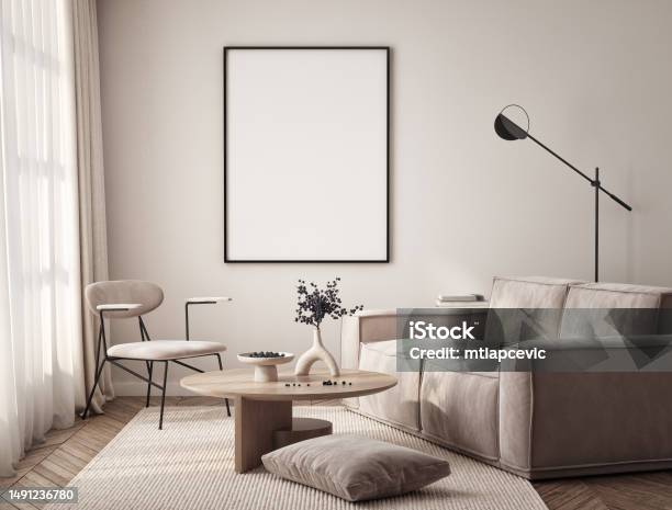 Bingkai Poster Mockup Di Dinding Ruang Tamu Latar Belakang Apartemen