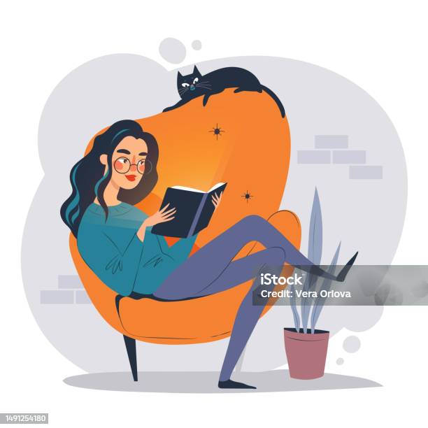 Remaja Putri Membaca Buku Sambil Duduk Di Kursi Berlengan Ilustrasi