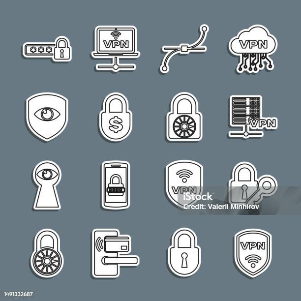 Vetores de Definir Linha Shield Com Vpn Sem Fio Lock And Key Server ... Vetores de Definir Linha Shield Com Vpn Sem Fio Lock And Key Server ...