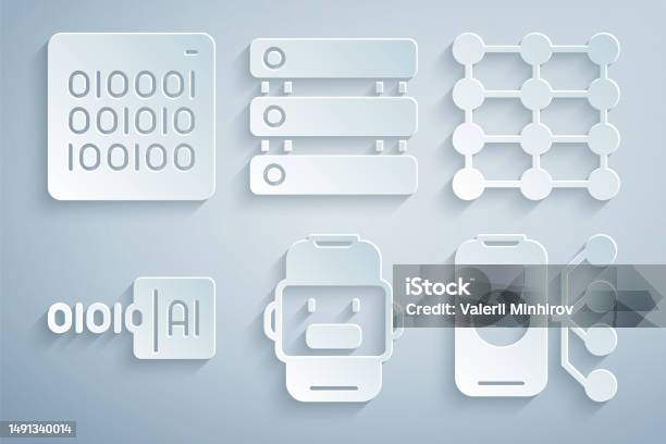 Set Chat Bot Neural Network Binary Code Server Data And Icon Vector Stock Illustration