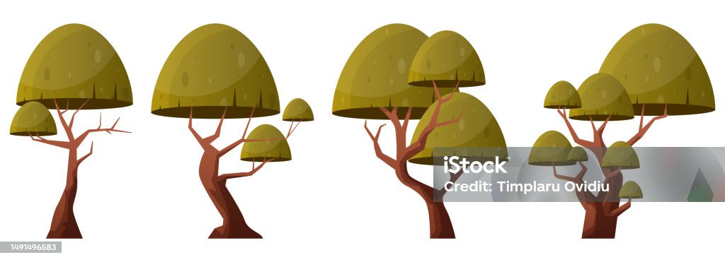 Koleksi Pohon Kartun Berwarnawarni Terisolasi Di Atas Putih Ilustrasi