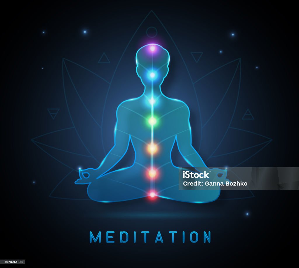 Siluet Pria Bermeditasi Neon Biru Dengan Chakra Terbuka Di Latar ... Siluet Pria Bermeditasi Neon Biru Dengan Chakra Terbuka Di Latar ...