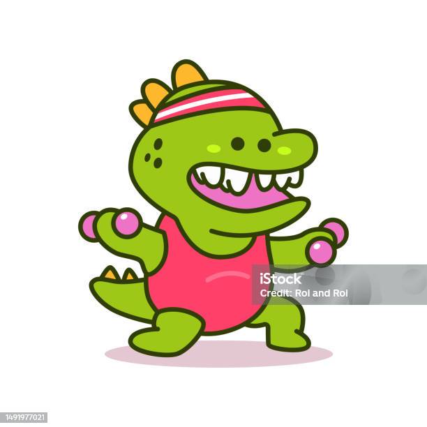 Mignon Dinosaure Faisant De Lexercice Avec Un Personnage De Dessin