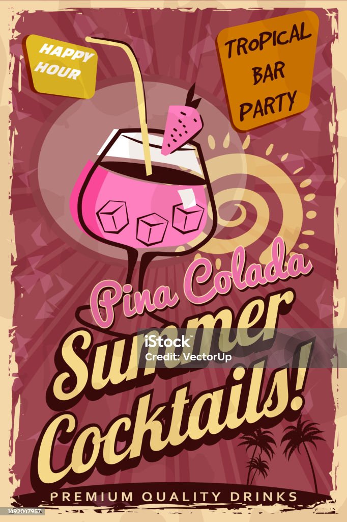 Pina Colada Cocktail Retro Poster Cocktail Lounge Vintage Sign Stock