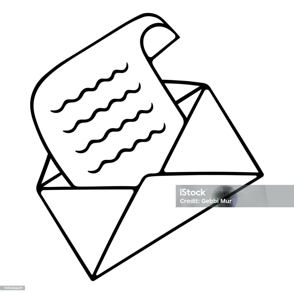 Ilustración De Abra El Sobre Con Una Carta Bosquejo Texto En Una Hoja Enrollada Mensaje Escrito