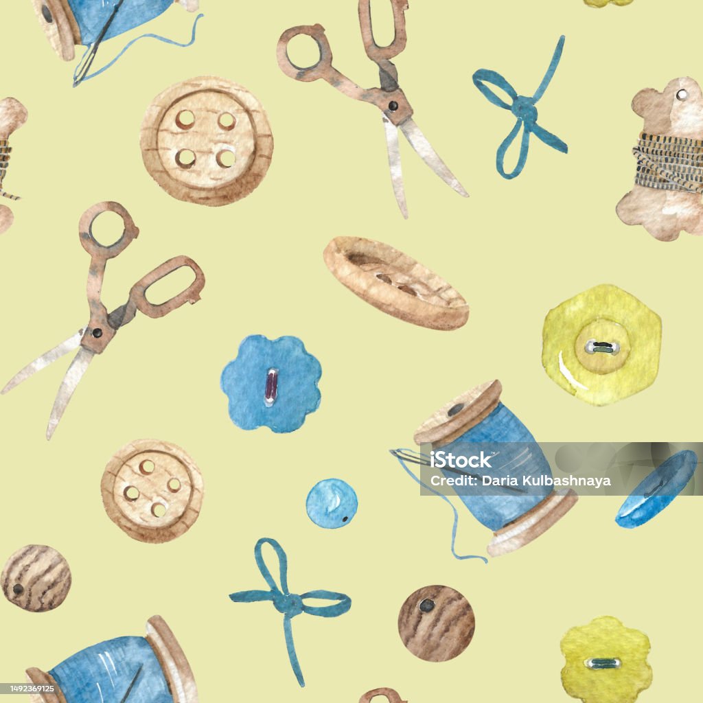Seamless Pattern With Watercolor Scissors Spool Of Thread And Buttons