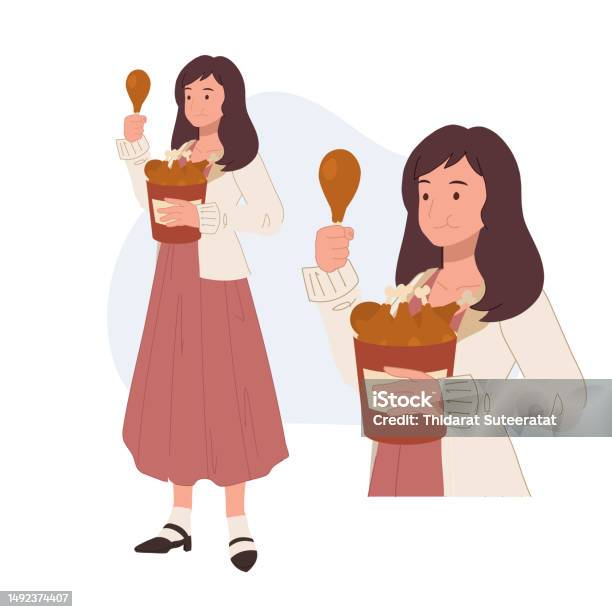 Woman Eating Enjoying Fried Chicken Drumstick Bucket Yummy Chicken