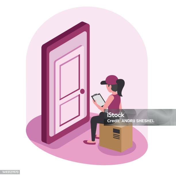 Kurir Gadis Kartun Mengirimkan Paket Ke Pintu Klien Dan Memeriksa ... Kurir Gadis Kartun Mengirimkan Paket Ke Pintu Klien Dan Memeriksa ...