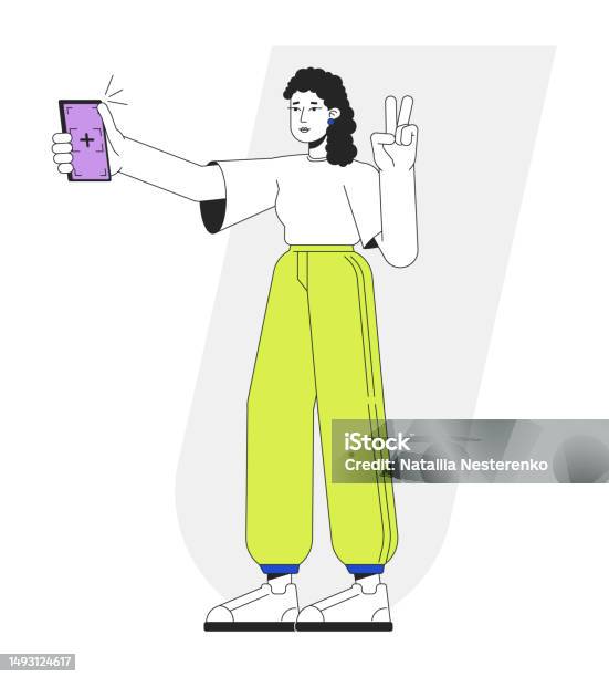 Millennial Girl Taking Selfie Full Body Flat Line Vector Spot Illustration Stock Illustration