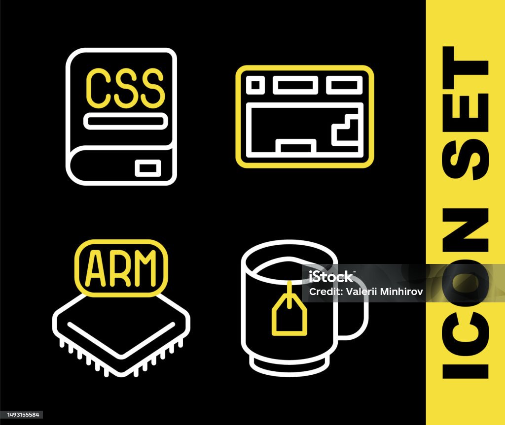 Set Line Keyboard Cup Of Tea With Tea Bag Processor And Books About Programming Icon Vector
